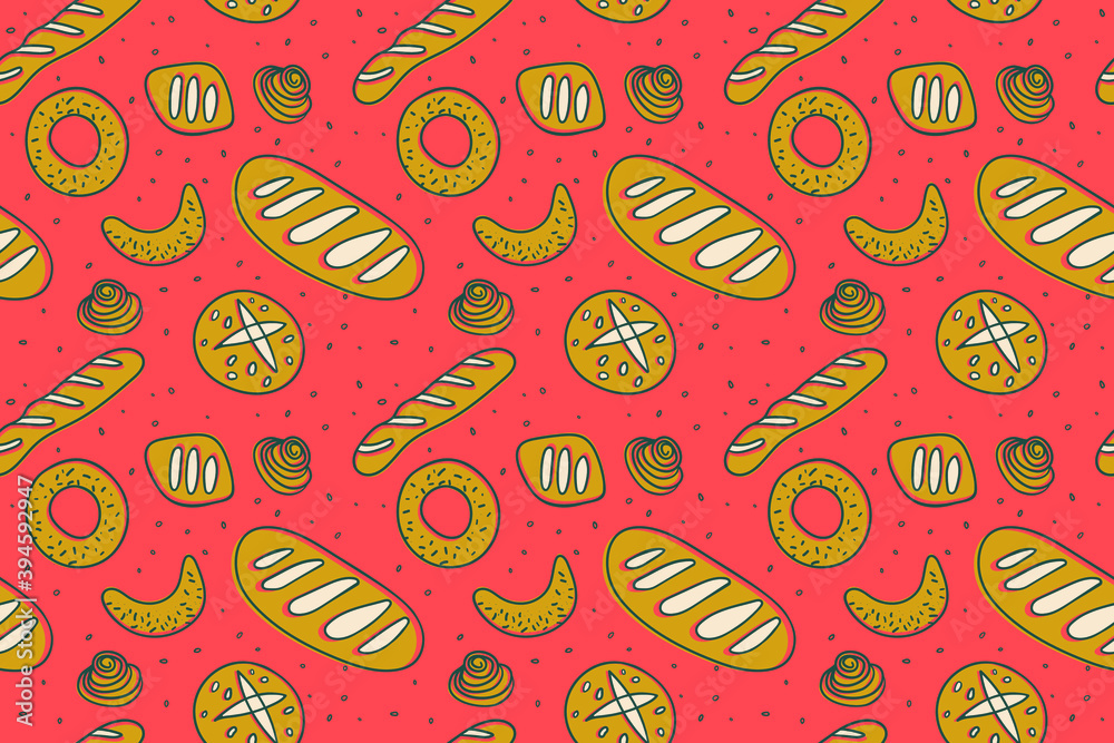 Red Flat backdrop. Bakery shop background with vector bread icons ...