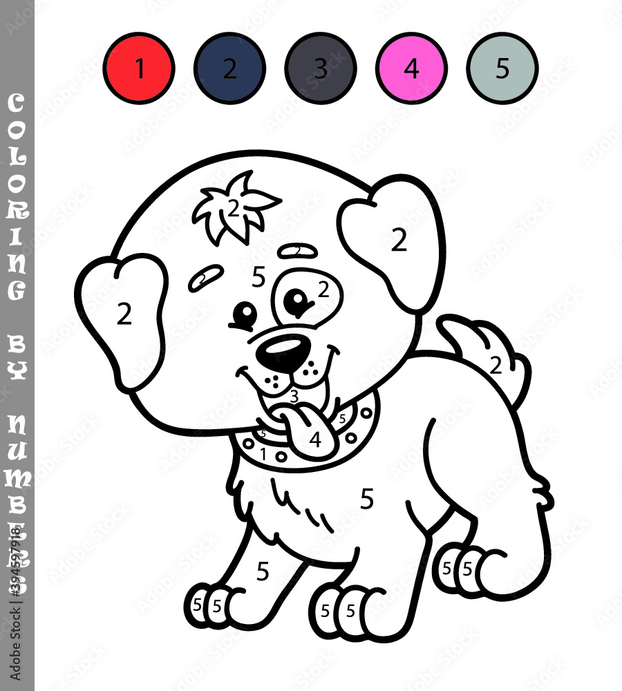 Vector illustration coloring by numbers game of happy cartoon puppy for ...