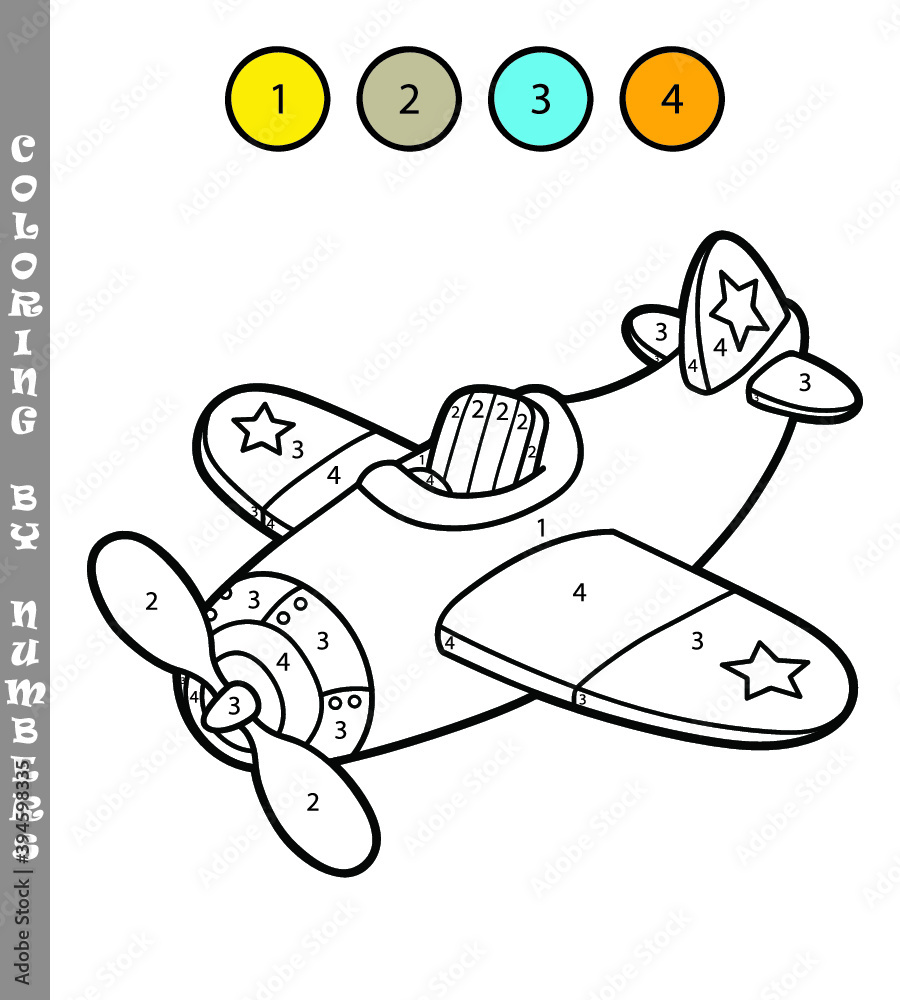 Vector illustration coloring by numbers game of cartoon plane for kids ...