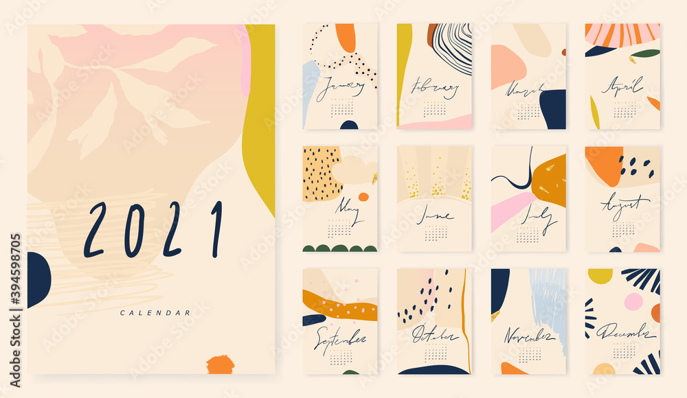 2021 Trendy modern collage calendar design. Cute hand drawn abstract ...