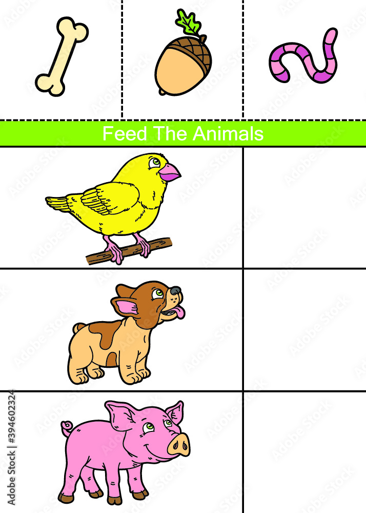 Feed the animals game. Vector illustration of game with cute cartoon ...