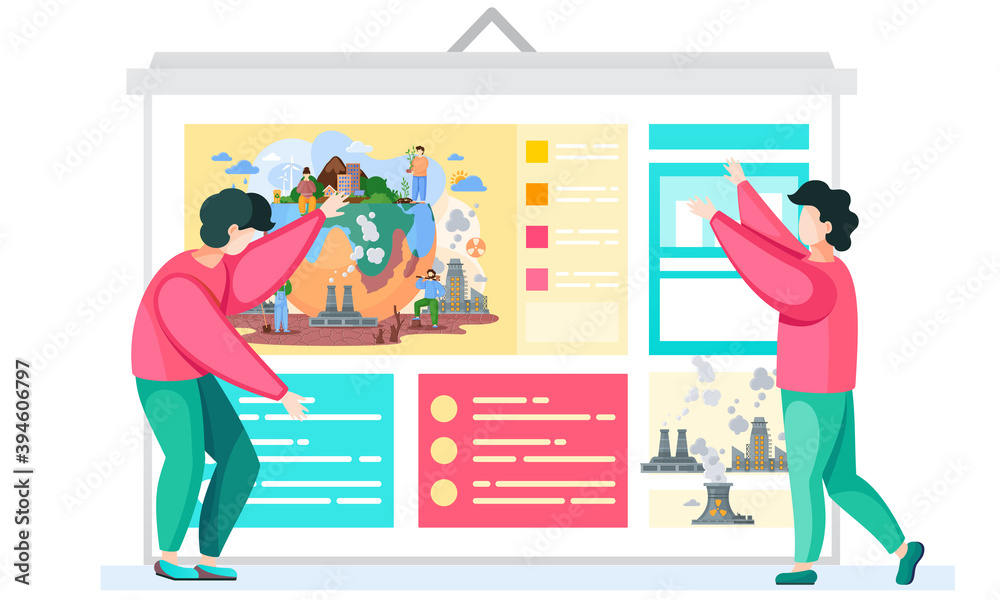 Guys are gluing a poster on an environmental theme. Air pollution and ...