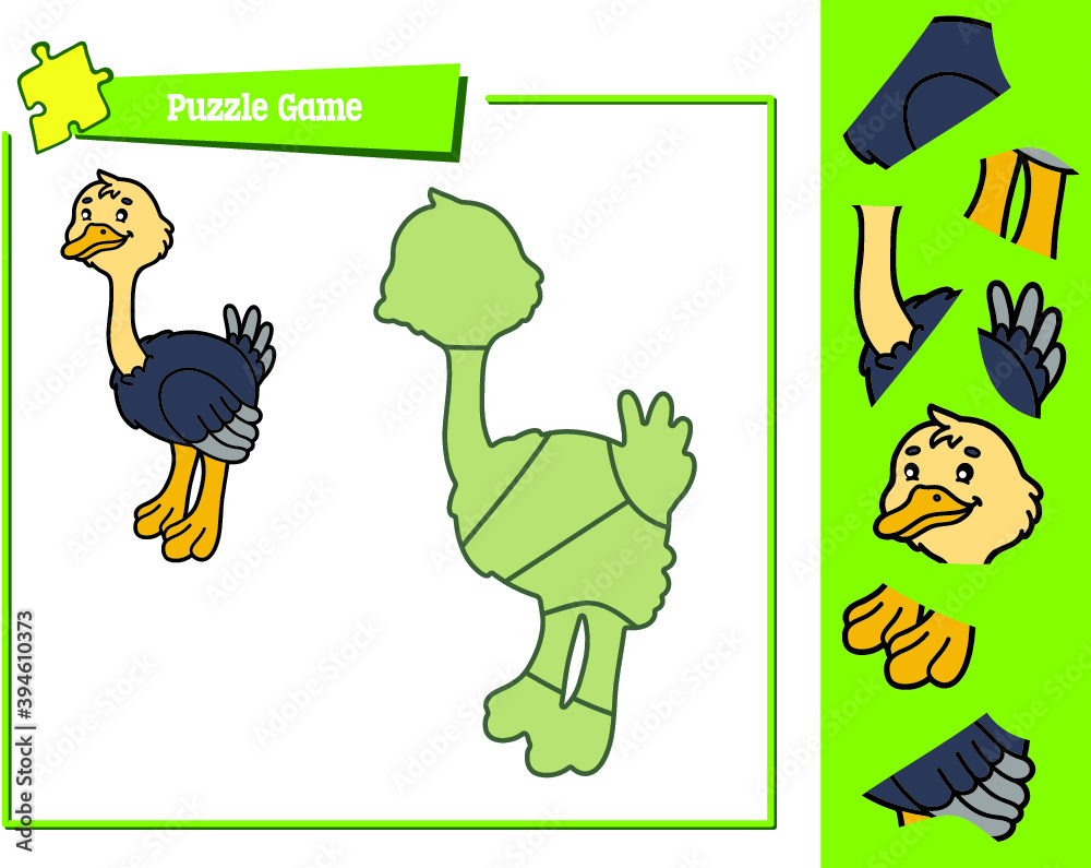 Vetor de Vector illustration of puzzle game with happy cartoon ostrich ...