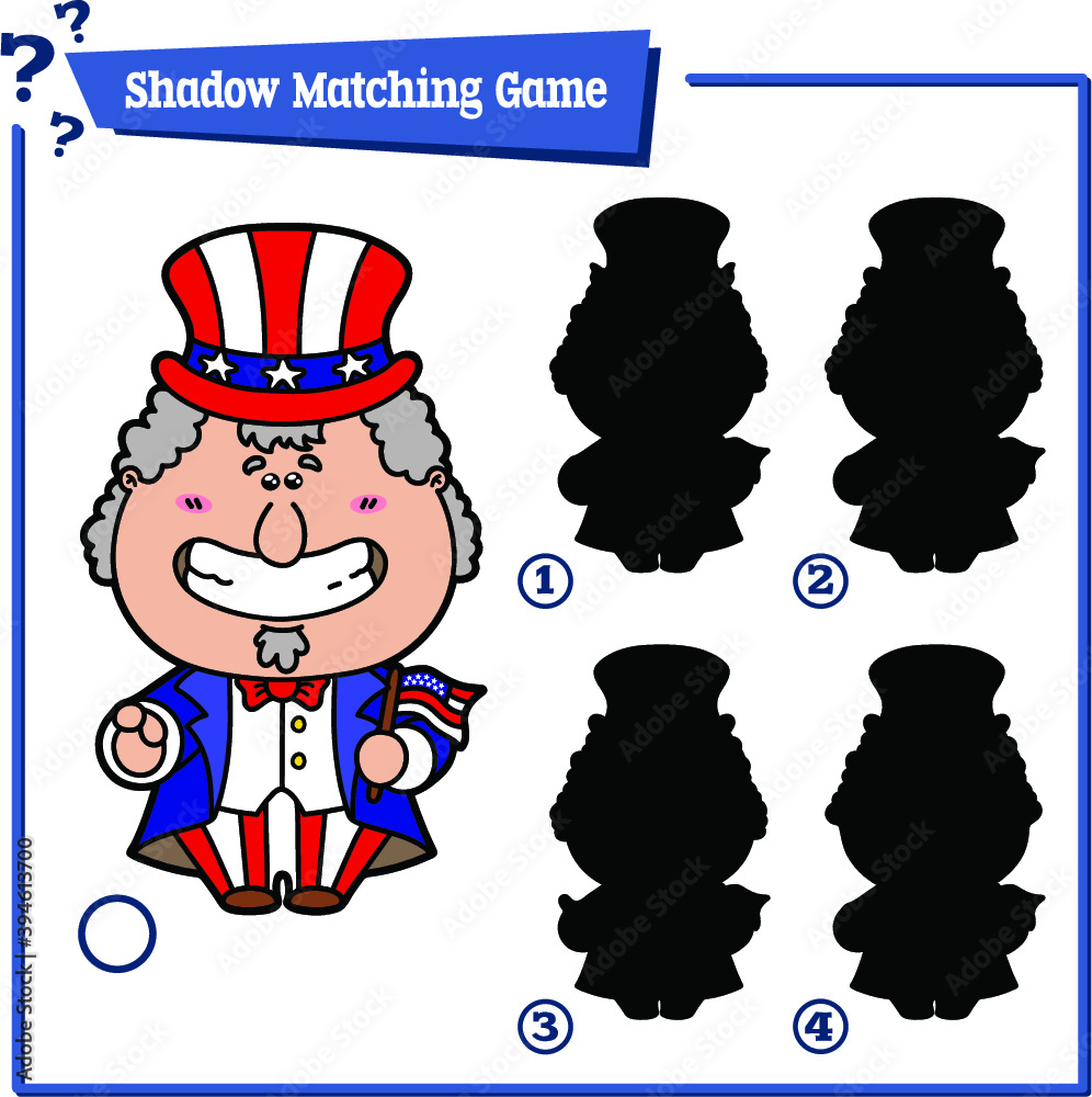 Vector illustration of shadow matching game with happy cartoon uncle ...