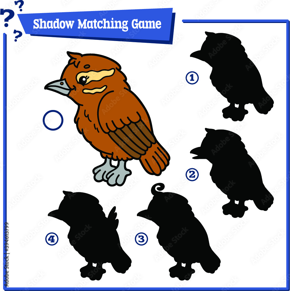 Vector illustration of shadow matching game with happy cartoon xenops ...