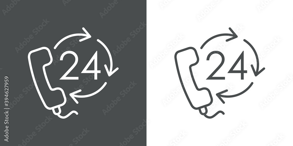 Servicio 24 horas. Icono plano auricular de teléfono con 24 y flechas ...