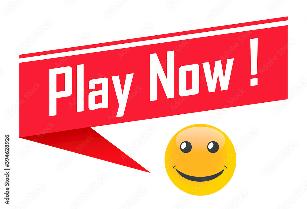 Play Now in red dialog label and smile Stock Illustration | Adobe Stock