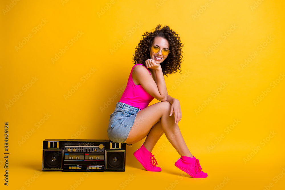 Full length profile photo of funny dj lady sitting side boom box ...