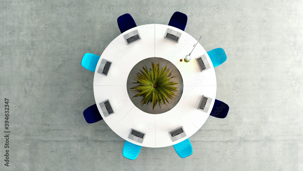 Meeting room top view with round table or desk and chairs concept 3D ...