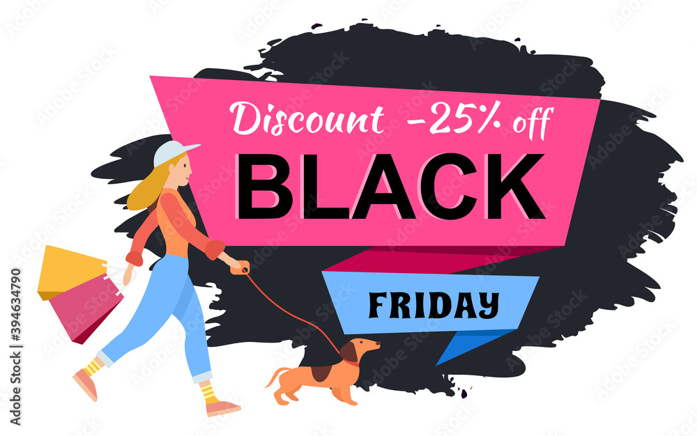 Promotion of sales and discounts in the shop. Woman shopping on black ...