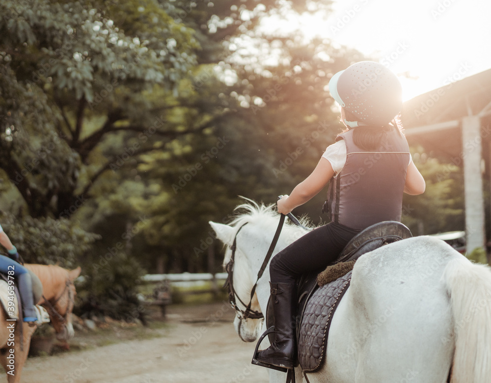 Horse rider.Back view Kids learn to ride a horse.Happy asian kid girl ...