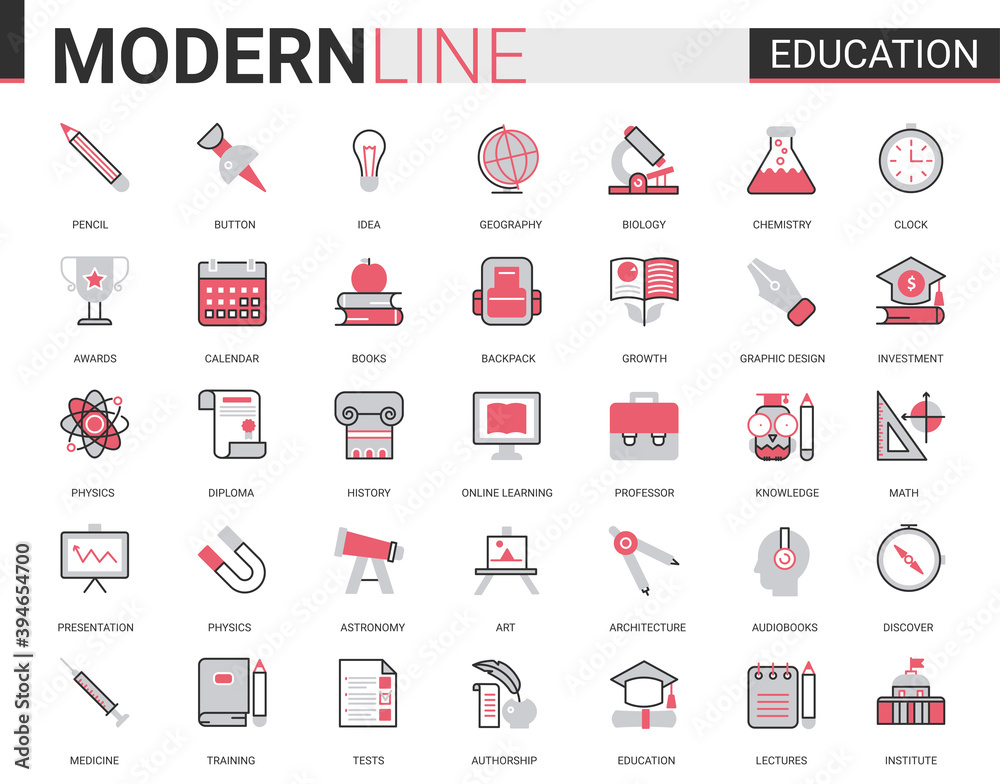 Education flat thin red black line icon vector illustration set with ...