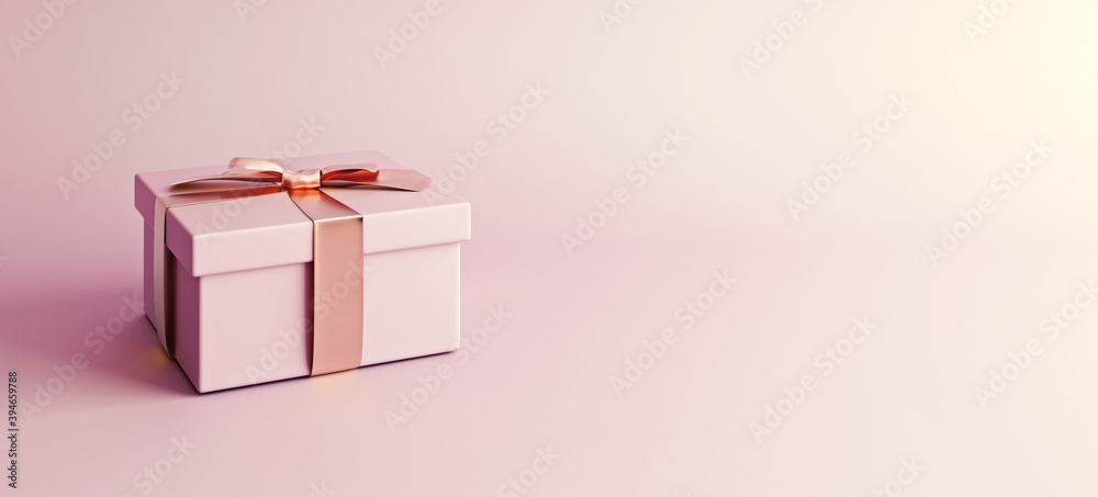 Mock-up poster, baby pink gift box with bronze bow on light pink ...