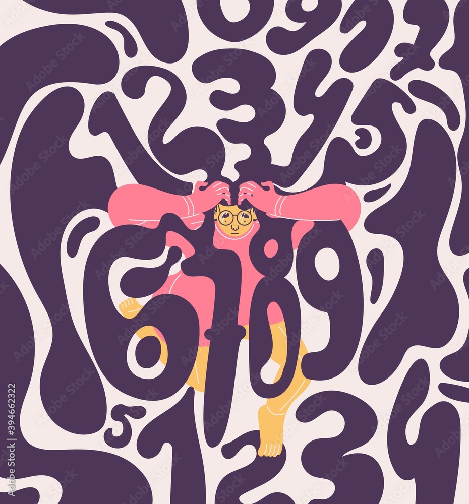 OCD concept illustration with character suffering from numbers count ...