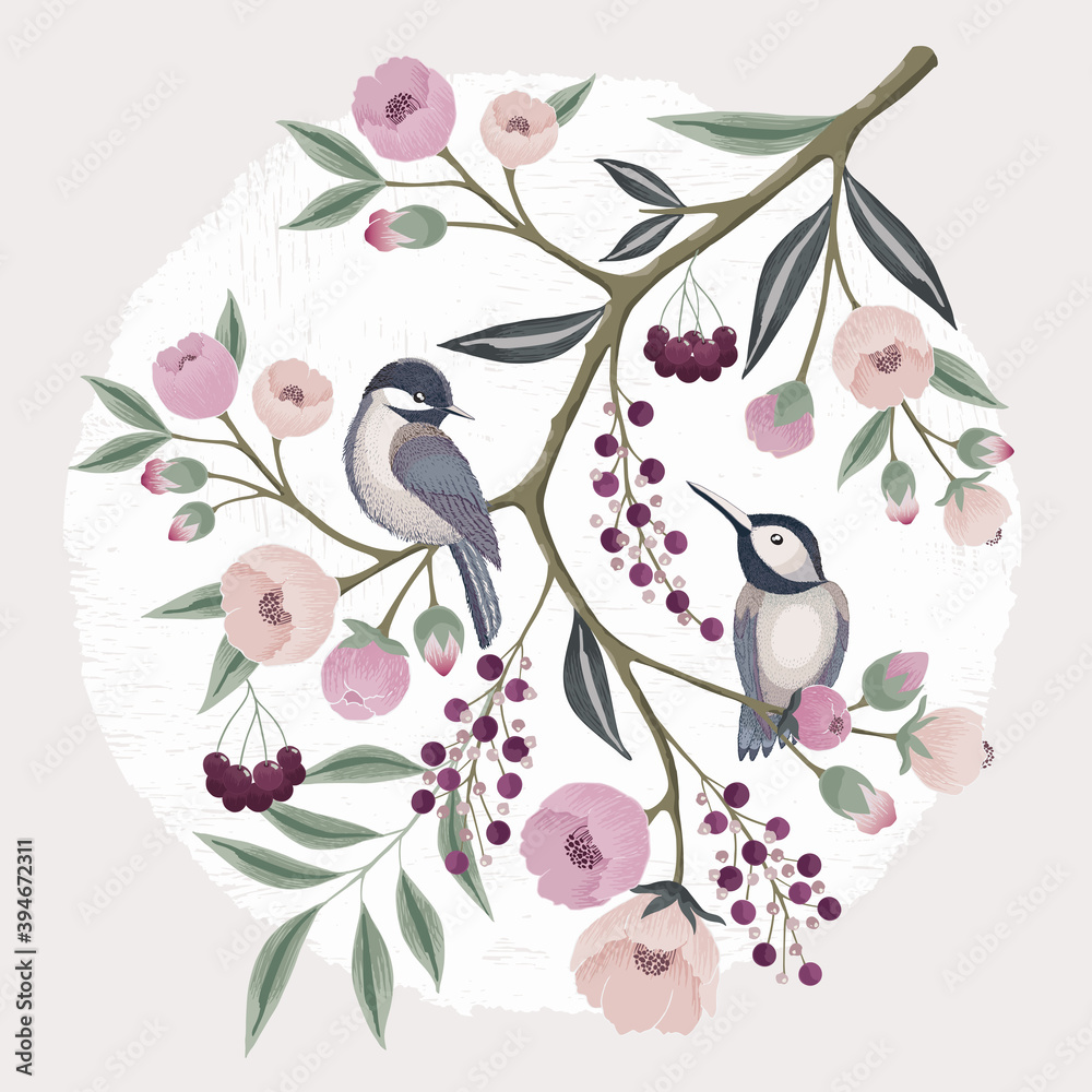 Vector illustration with little birds on floral branches in spring ...