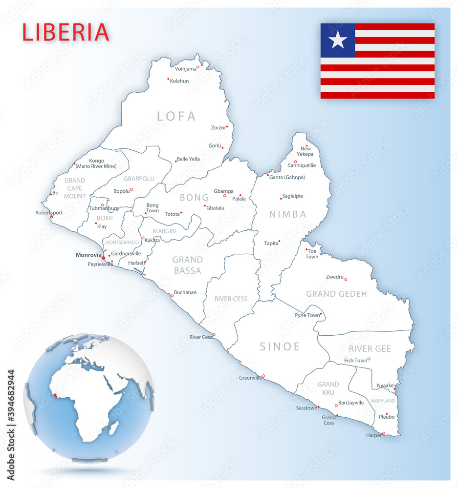 Detailed Liberia administrative map with country flag and location on a ...