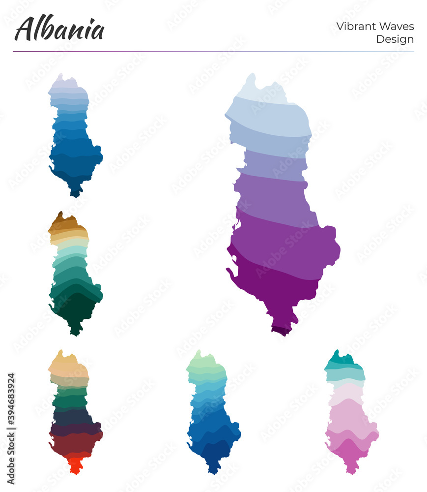 Set of vector maps of Albania. Vibrant waves design. Bright map of ...
