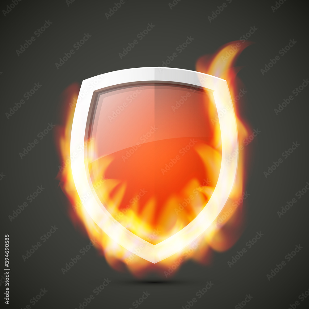 Protected guard shield concept in flame. Safety badge smoke fire icon ...