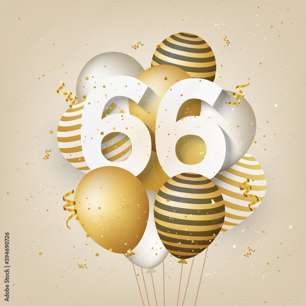 Happy 66th birthday with gold balloons greeting card background. 66 ...