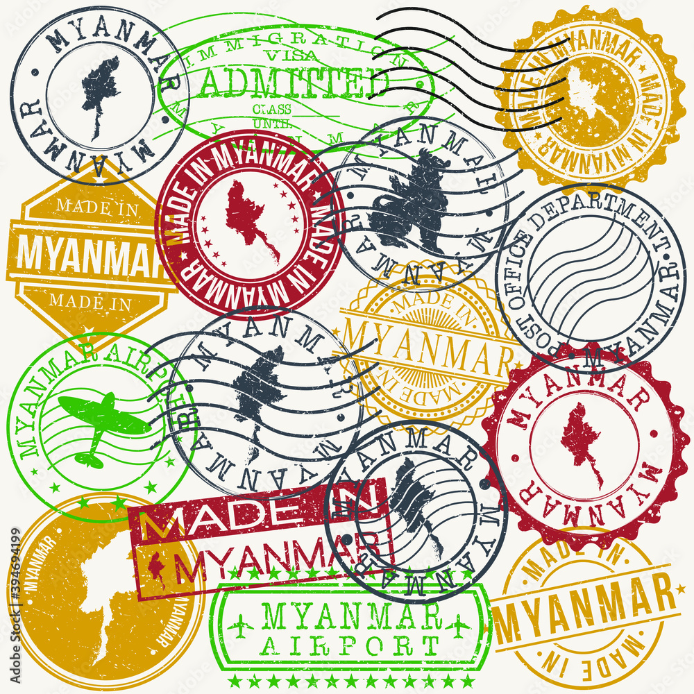 Myanmar Set of Stamps. Travel Passport Stamp. Made In Product. Design ...