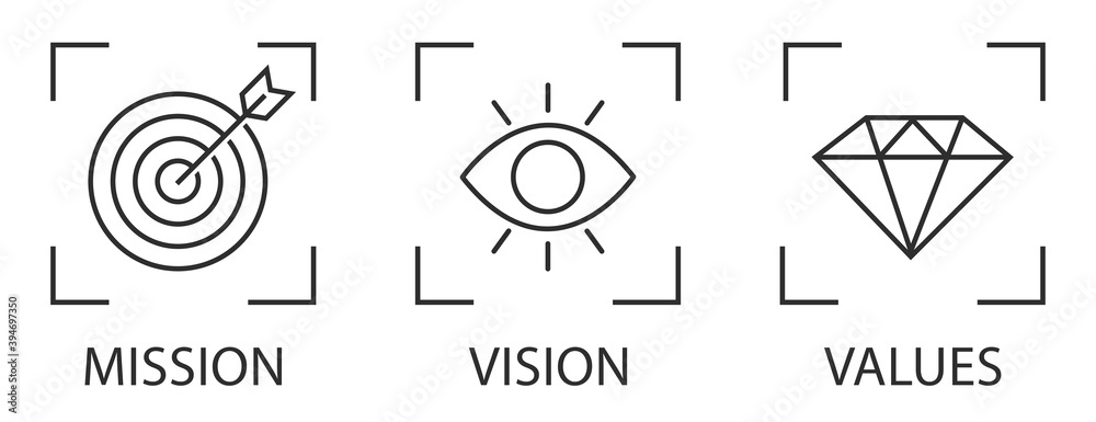Mission, Vision, Values Business vector linear icon collection. Modern ...