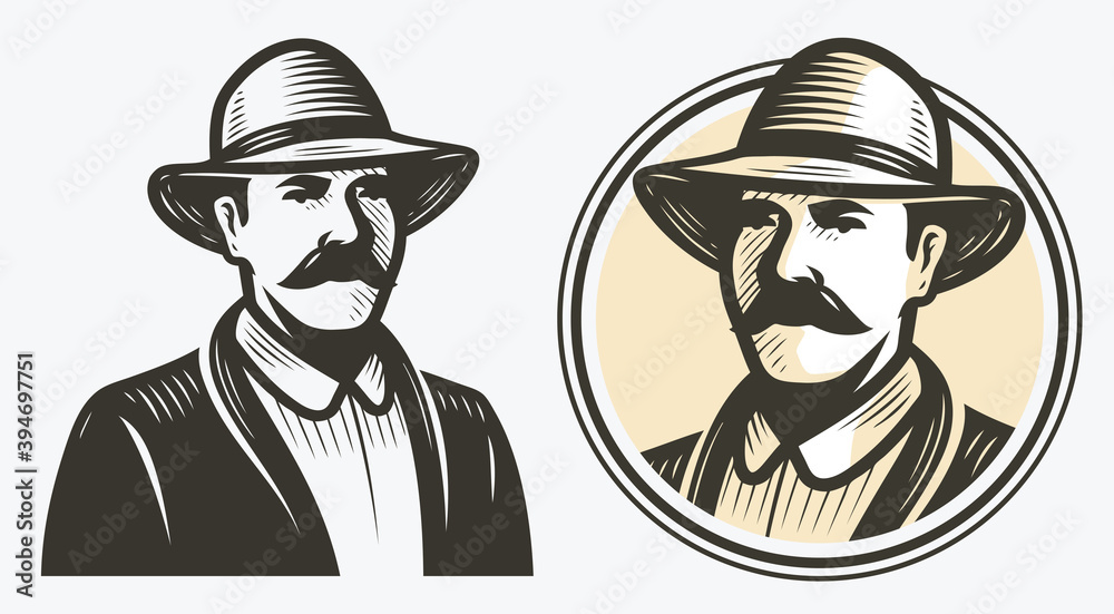 Farmer portrait sketch. Agriculture, farm symbol vintage vector ...