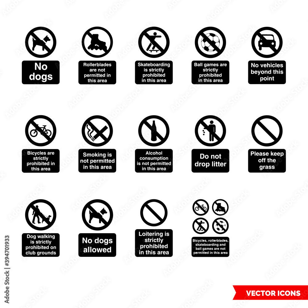 Community safety prohibitory signs icon set of black and white types ...