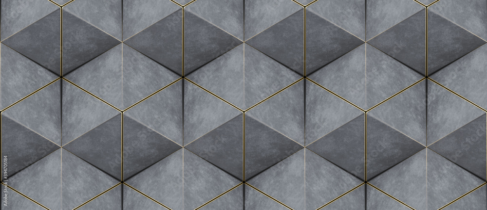 3D wall of gray triangles with gold edges in the loft style assembled ...