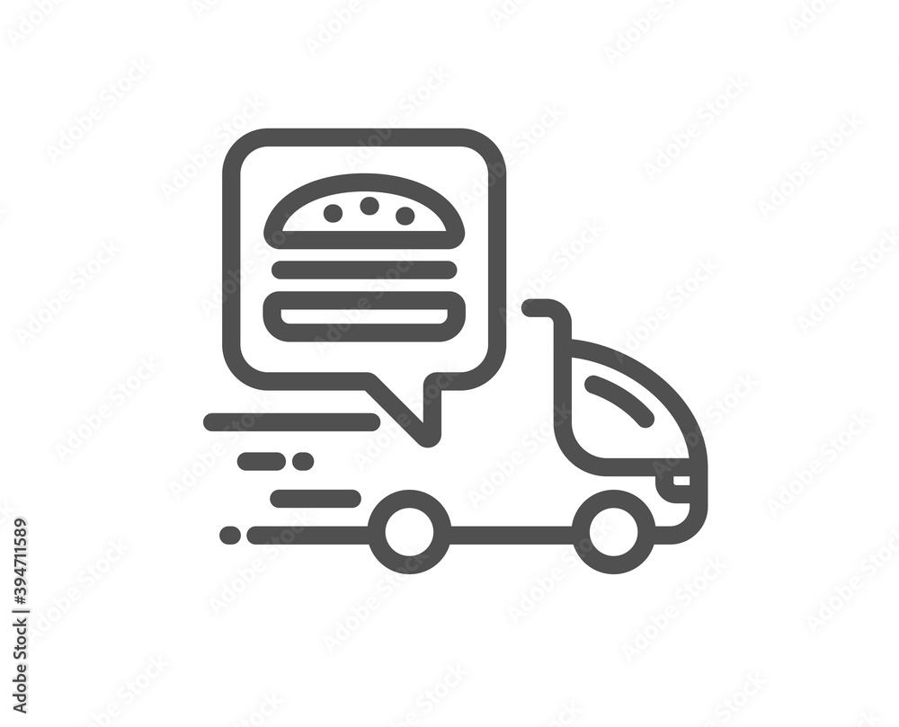Food delivery truck line icon. Contactless meal order sign. Grocery ...