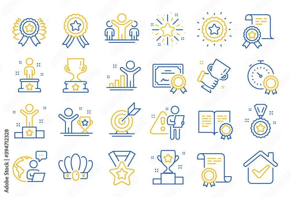 Success line icons. Winner cup, goal target, certificate. Reward, medal ...