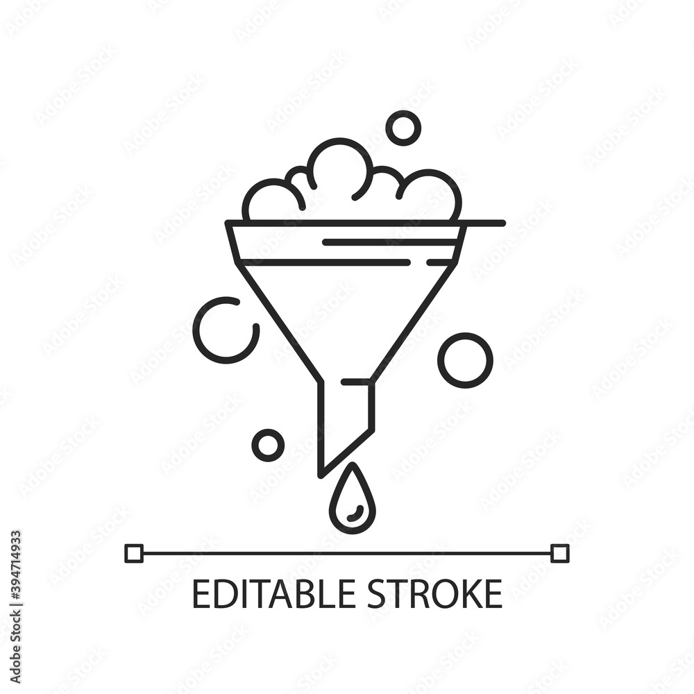 Funnel linear icon. Chemical laboratory. Filtration process. Separating ...