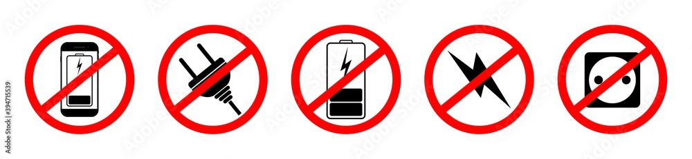 Icon of prohibited connection electric plug, charger, battery and phone ...