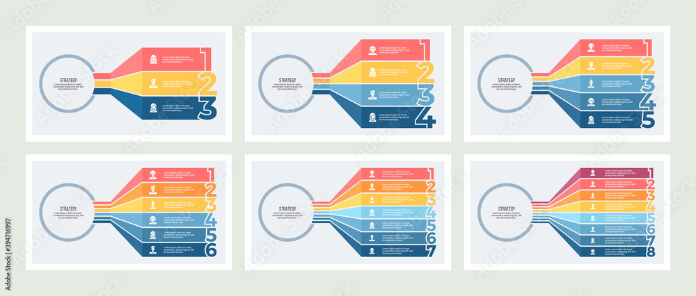 Business infographic. Chart with 3, 4, 5, 6, 7, 8 number options ...