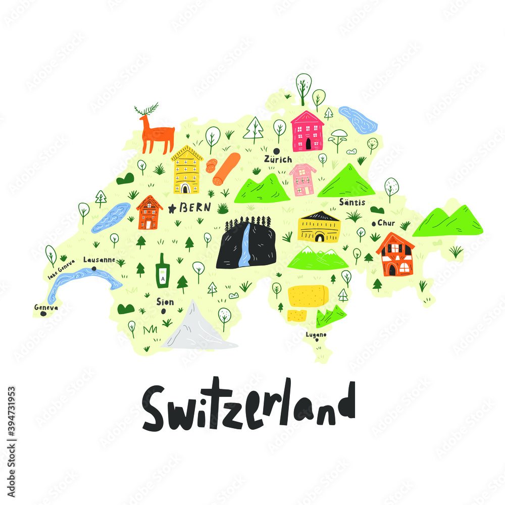 Illustrted map of Switzerland in handdrawn vector style. Cartoon map of ...