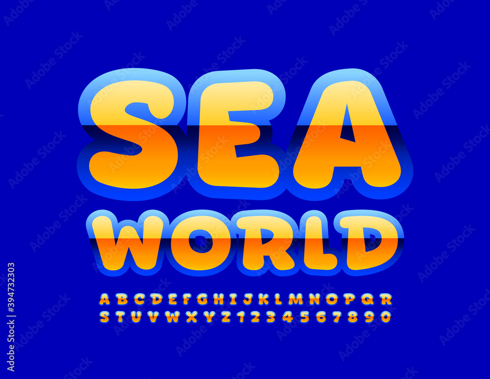 Vector creative emblem Sea World. Funny bright Font. Glossy Alphabet ...