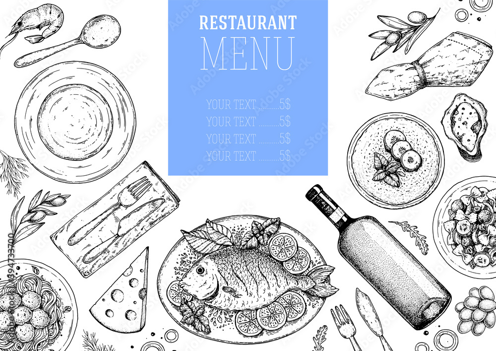 Food top view. Sketch illustration. Hand drawn. Food menu design ...