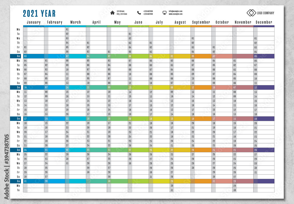 2021 Year Planner Layout with Rainbow Elements Stock Template | Adobe Stock