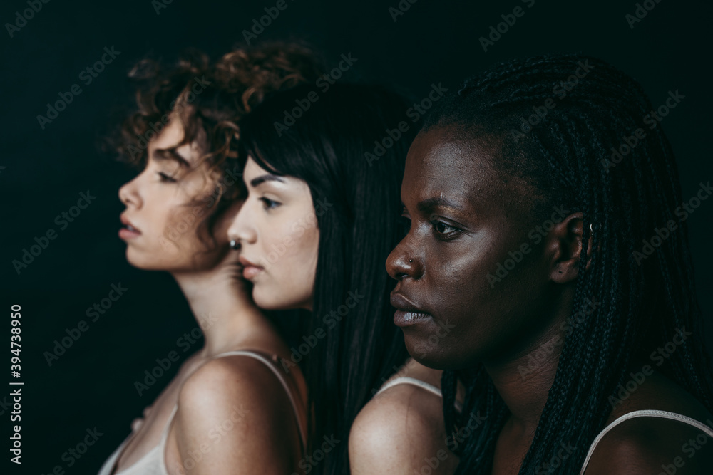 Three girls from different ethnicities posing in studio for a "body ...