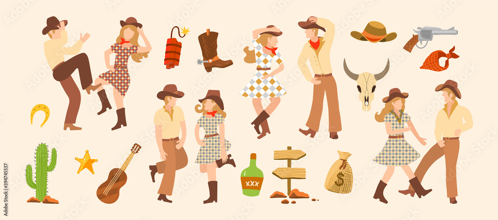 Vector illustration set of m cowboy and cowgirls dancing. Western clip ...