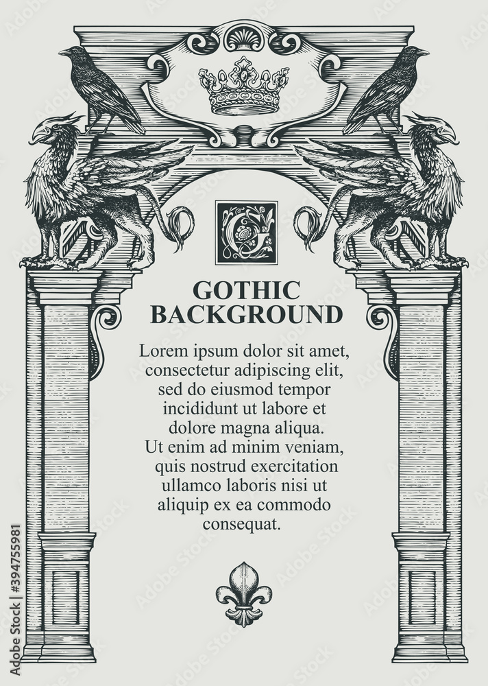 Gothic background or frame for a diploma or certificate in the form of ...