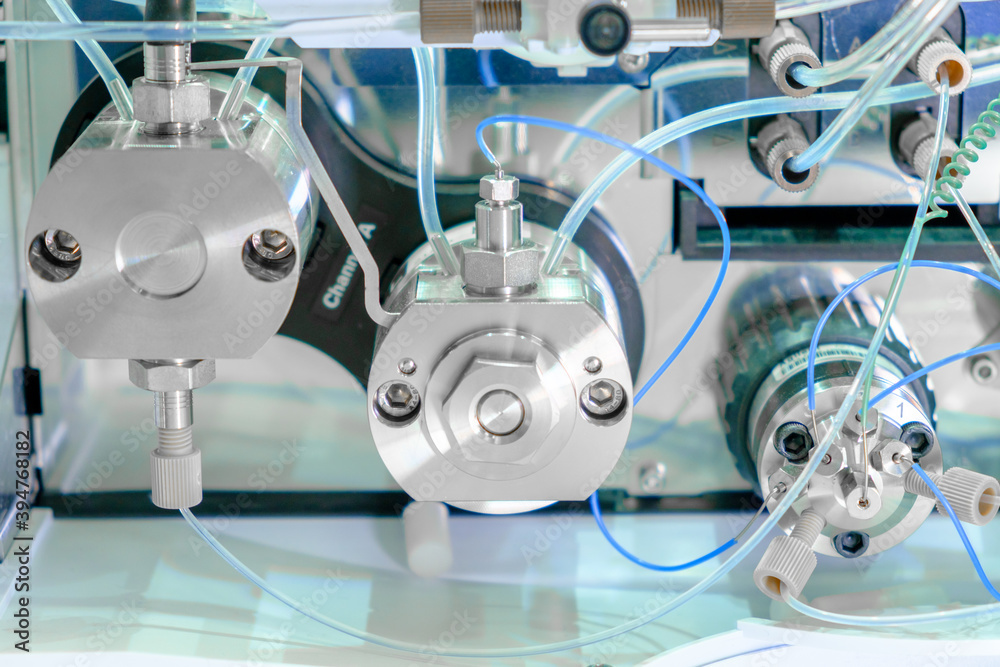 Binary pump in HPLC system. High performance liquid chromatography at analytical chemistry ...