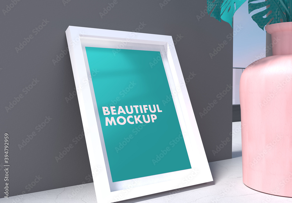 Modern Minimalistic Frame Side View with Big Pottery Palm Flower Stock ...