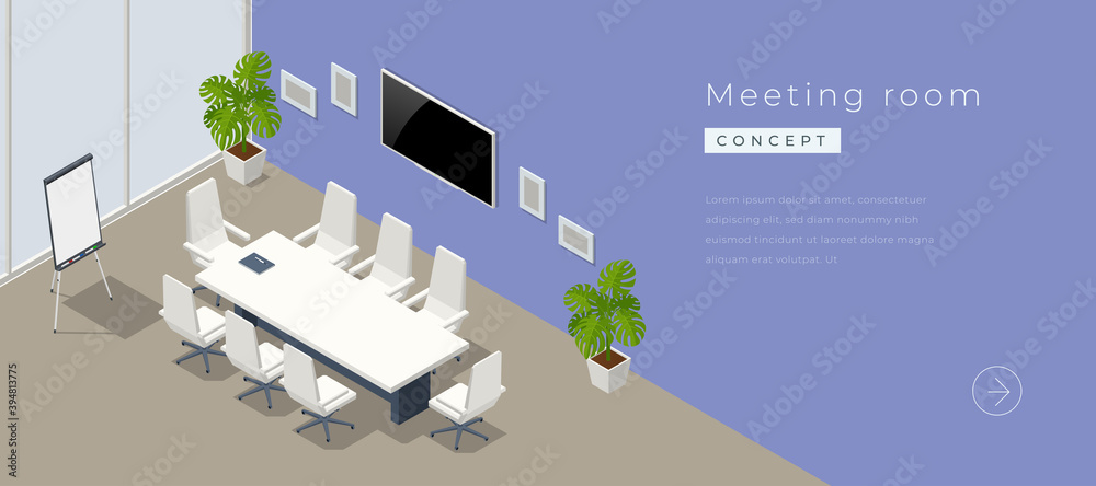 Isometric modern meeting room interior with empty poster on concrete ...