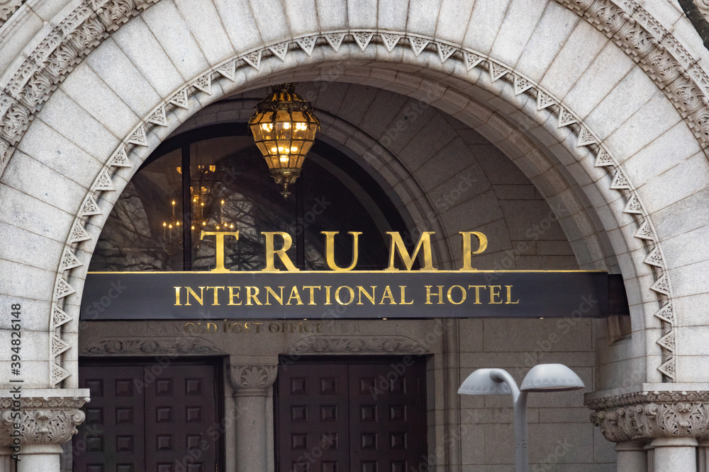 Washington, DC, USA - March, 24, 2019: Trump International hotel sign ...