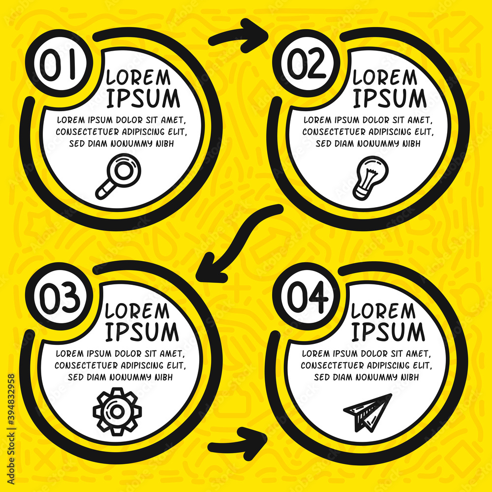 Infographic hand drawn vector elements of flow chart. Hand drawn four circles. Vector ...