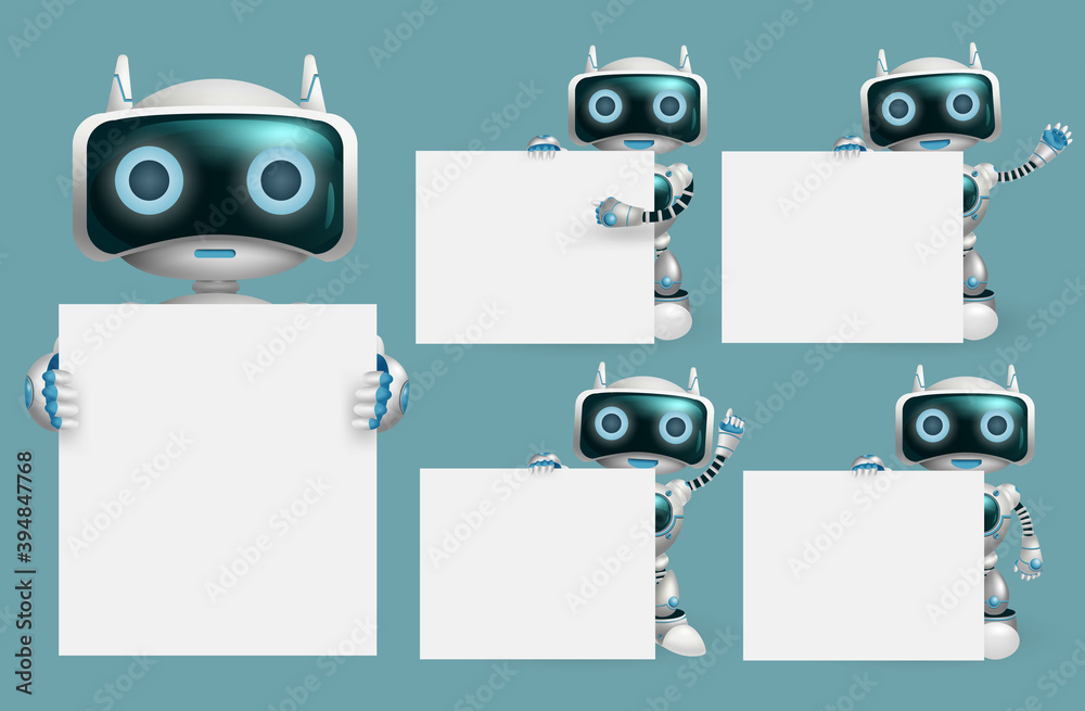 Vetor de Robot presentation characters vector set. Robots character presenting and holding white ...