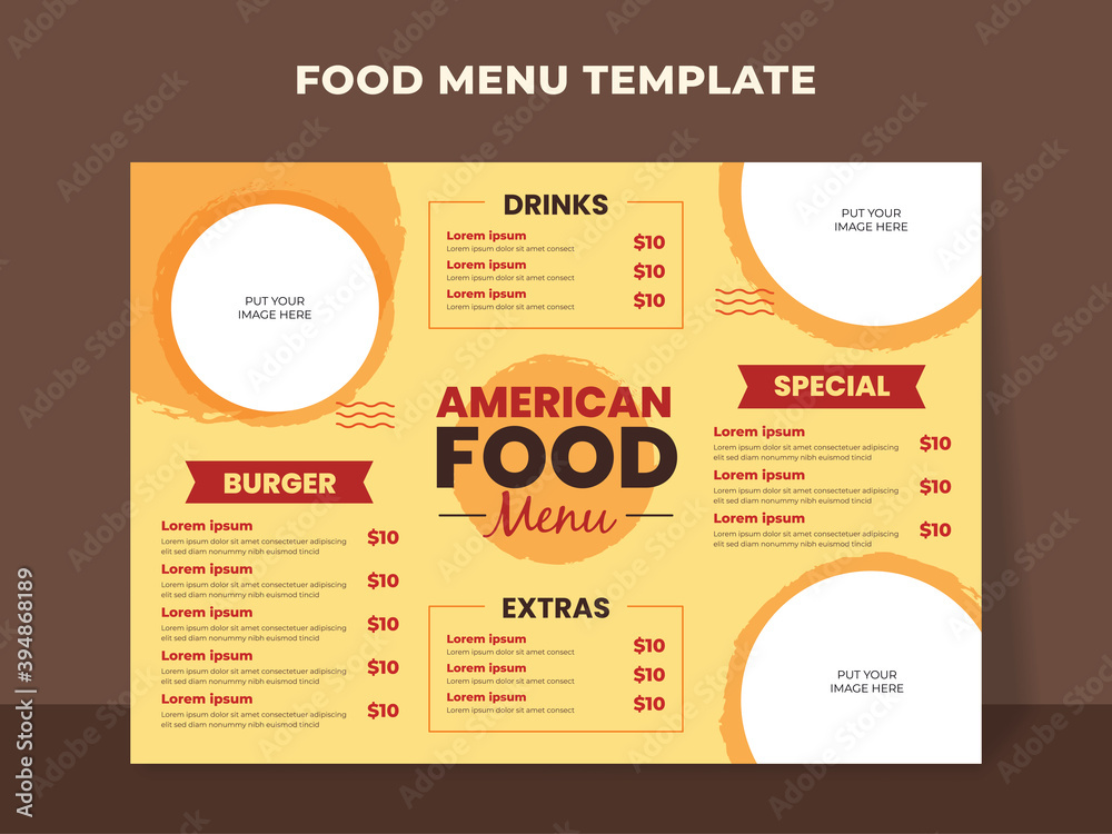 American food menu template with burger, drinks and other menu items ...