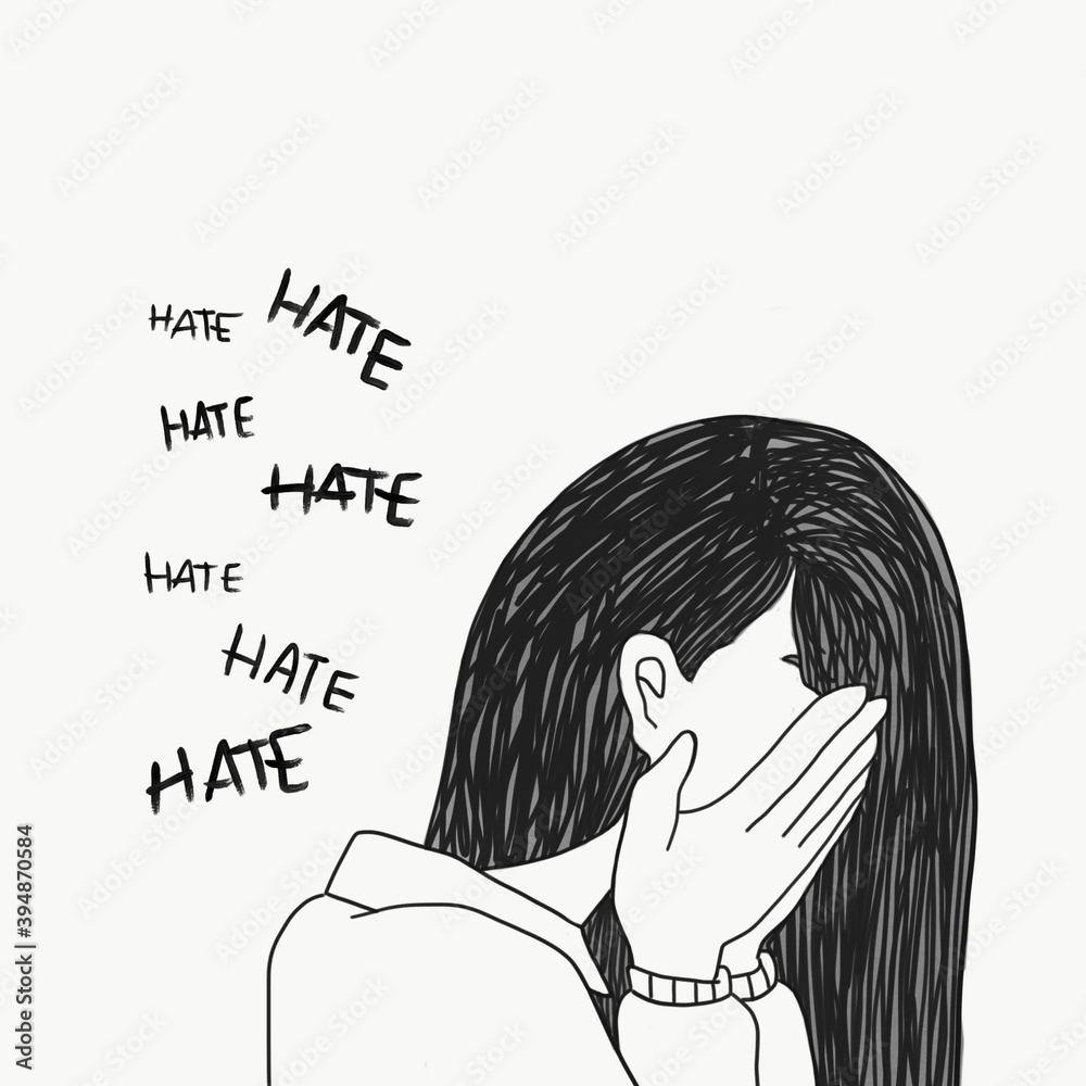 Stop hate speech to crying girl drawing sketch illustration Stock ...