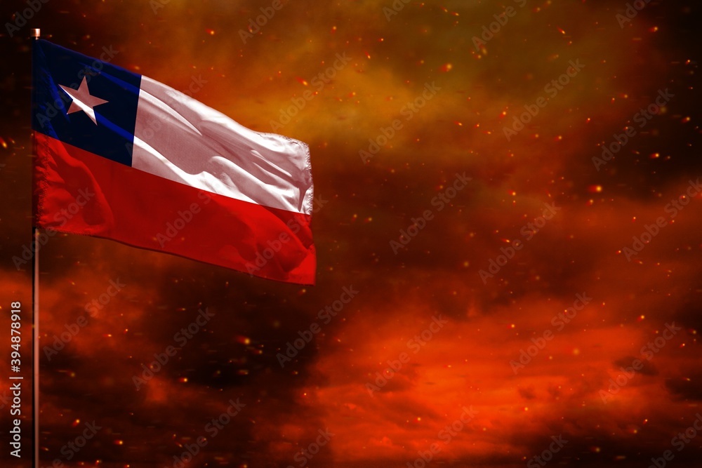 Fluttering Chile flag mockup with blank space for your text on crimson ...