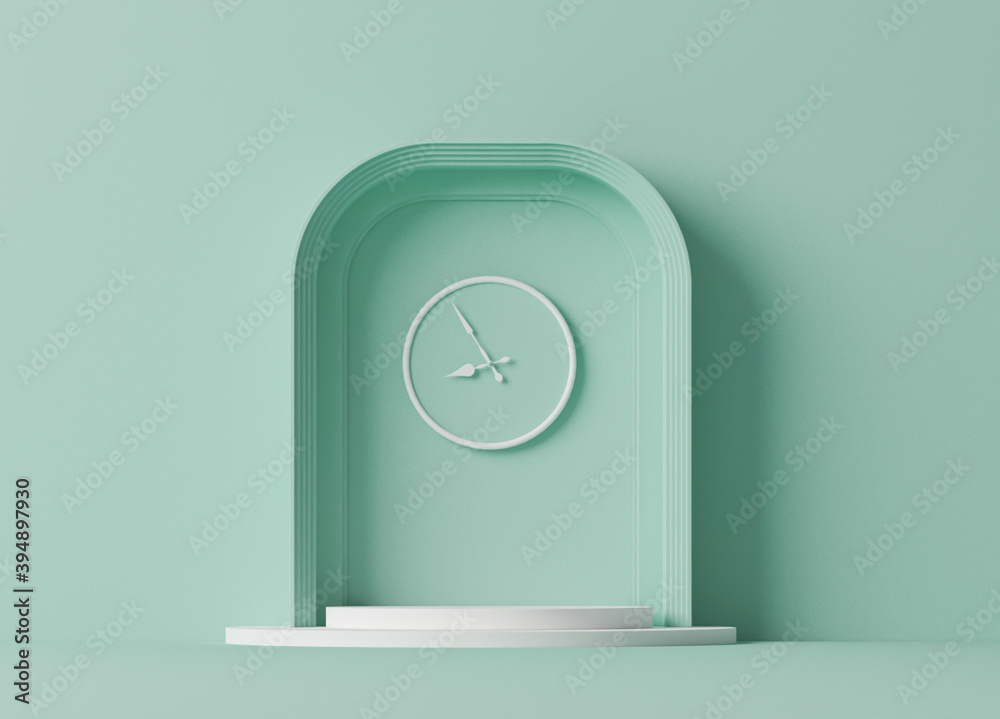 Minimal stage with podium, clock and abstract background. Pastel blue ...